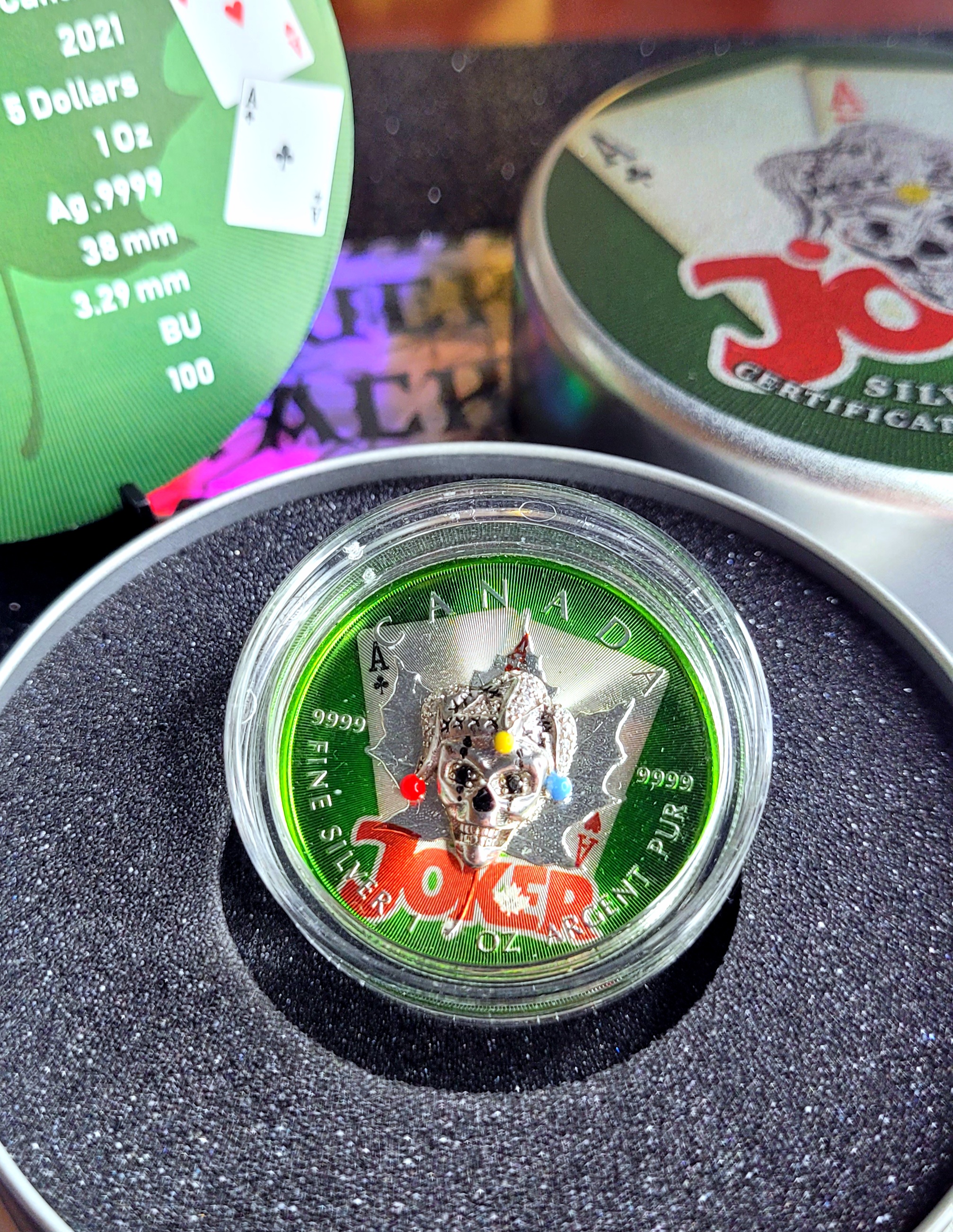 1 oz Silver Coin - Custom Joker Skull Maple | PeerMetals