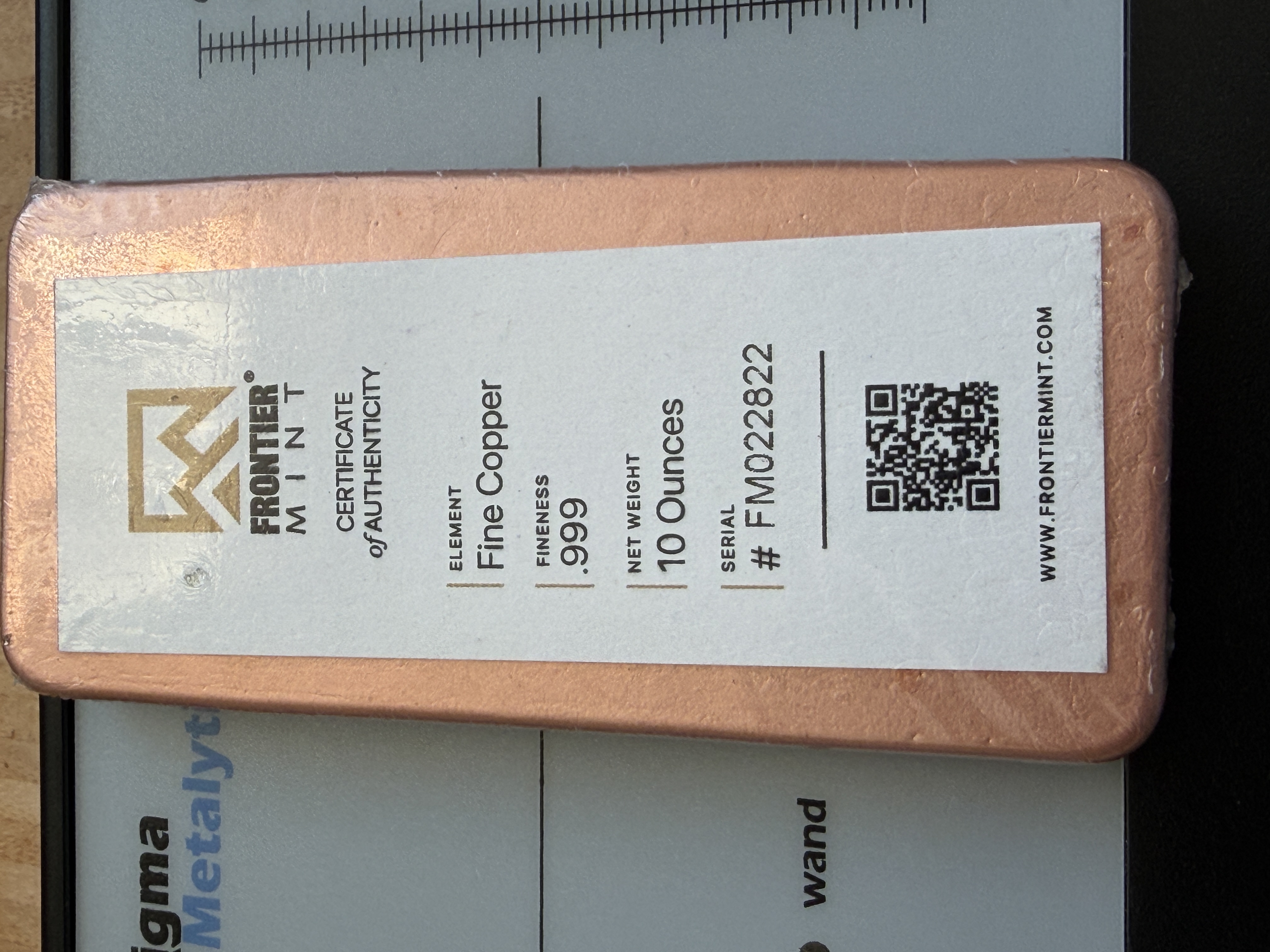 10 oz Copper Bar .999 Frontier Mint Sealed | PeerMetals