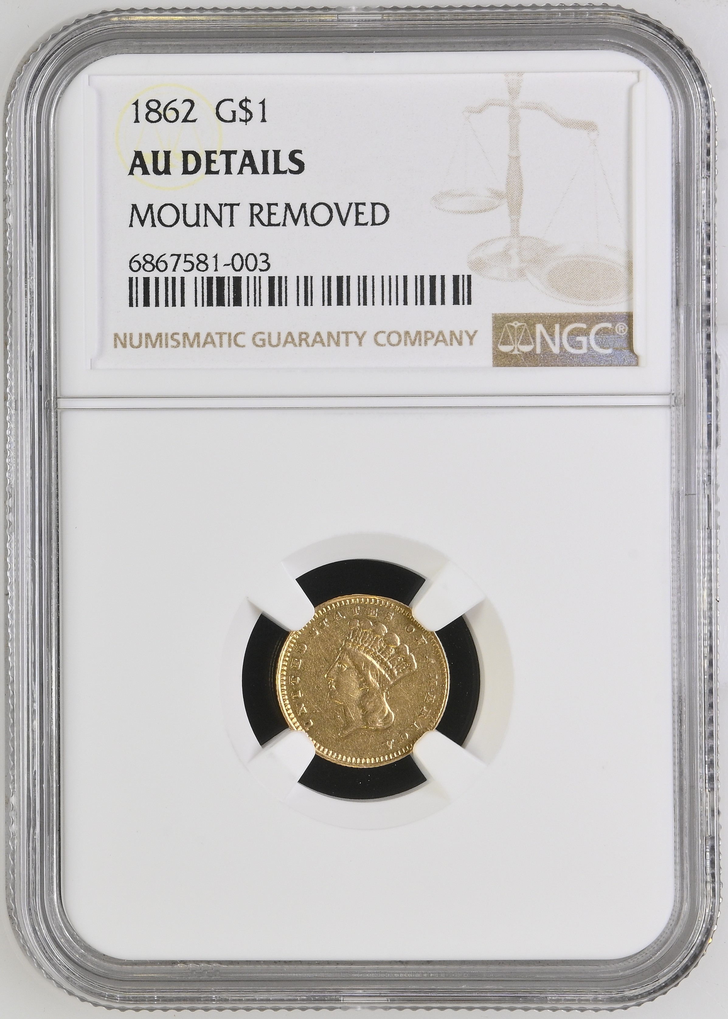 1862 G$1 Liberty Head Gold Coin NGC Certified AU | PeerMetals